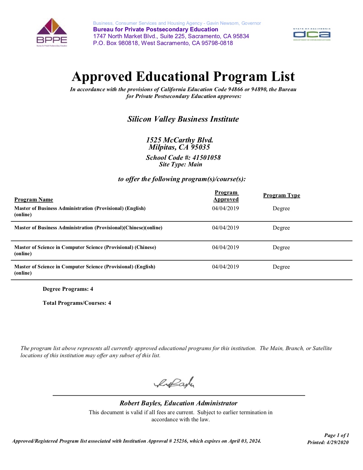 BPPE Approval – Silicon Valley Business Institute